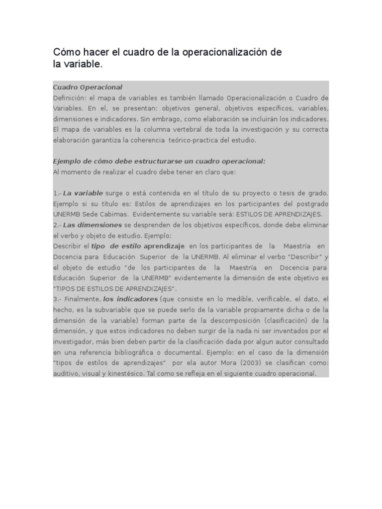 Guía para Cuadro de Operacionalización | PDF | Aprendizaje | Ciencia ...