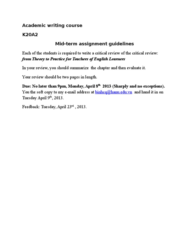 Academic Writing Course K20A2 Mid-Term Assignment Guidelines | PDF