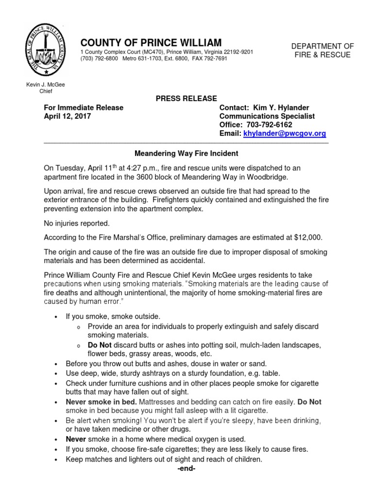 Meandering Way Fire Incident Press Release | PDF | Fires | Smoke