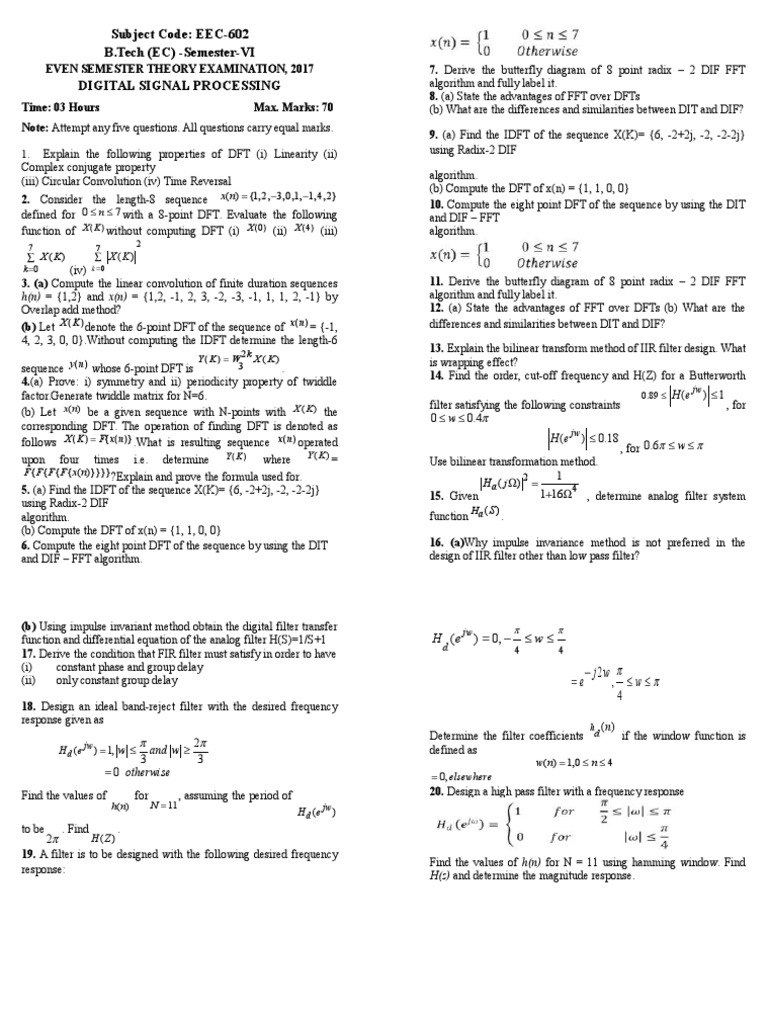 DSP 20 Questions | PDF | Discrete Fourier Transform | Fast Fourier Transform
