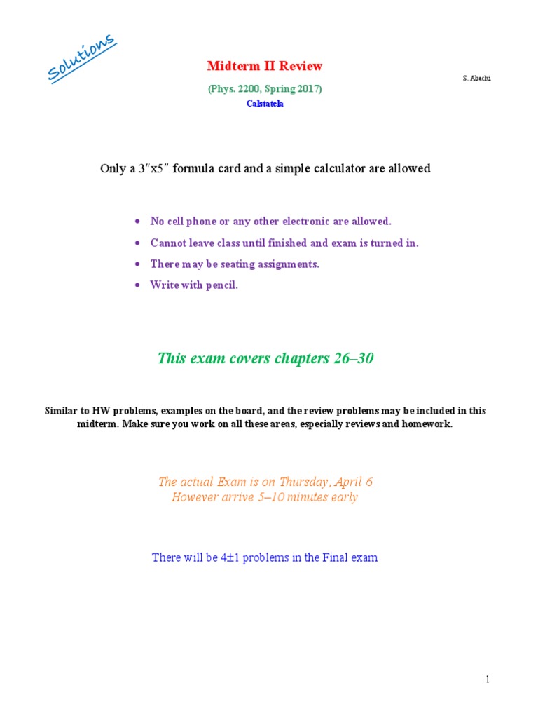 Midterm II Review for Physics 2200 | PDF | Magnetic Field | Quantity