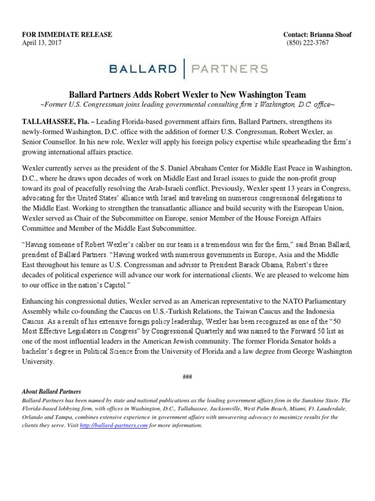 Ballard Partners Adds Robert Wexler To New Washington Team | PDF ...