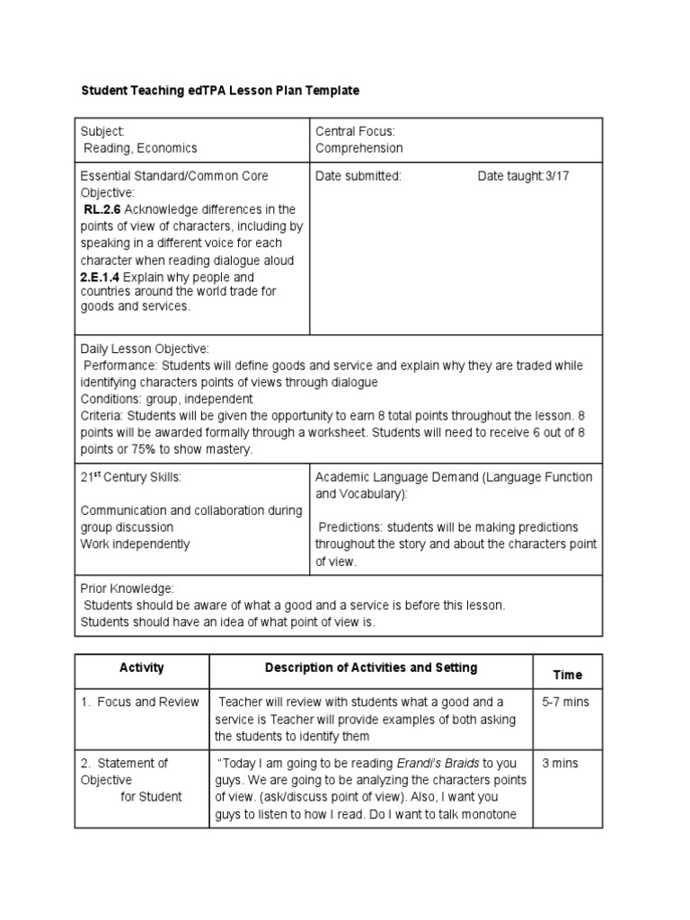 Student Teaching Edtpa Lesson Plan Template | PDF | Reading ...