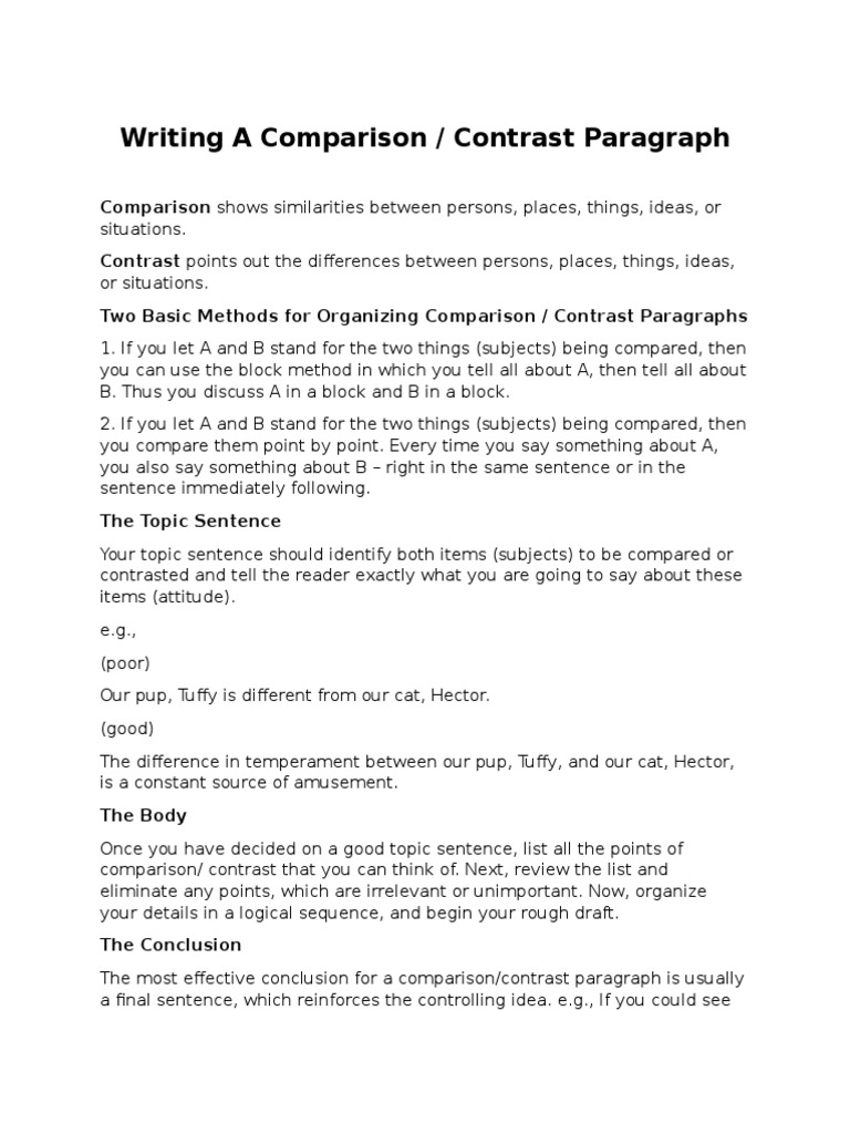 Comparing Approaches to Writing a Comparison/Contrast Paragraph | PDF ...