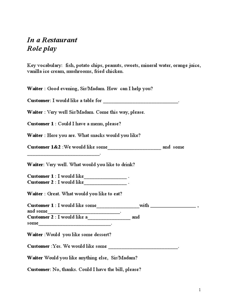 Restaurant Role Play Vocabulary Guide | PDF