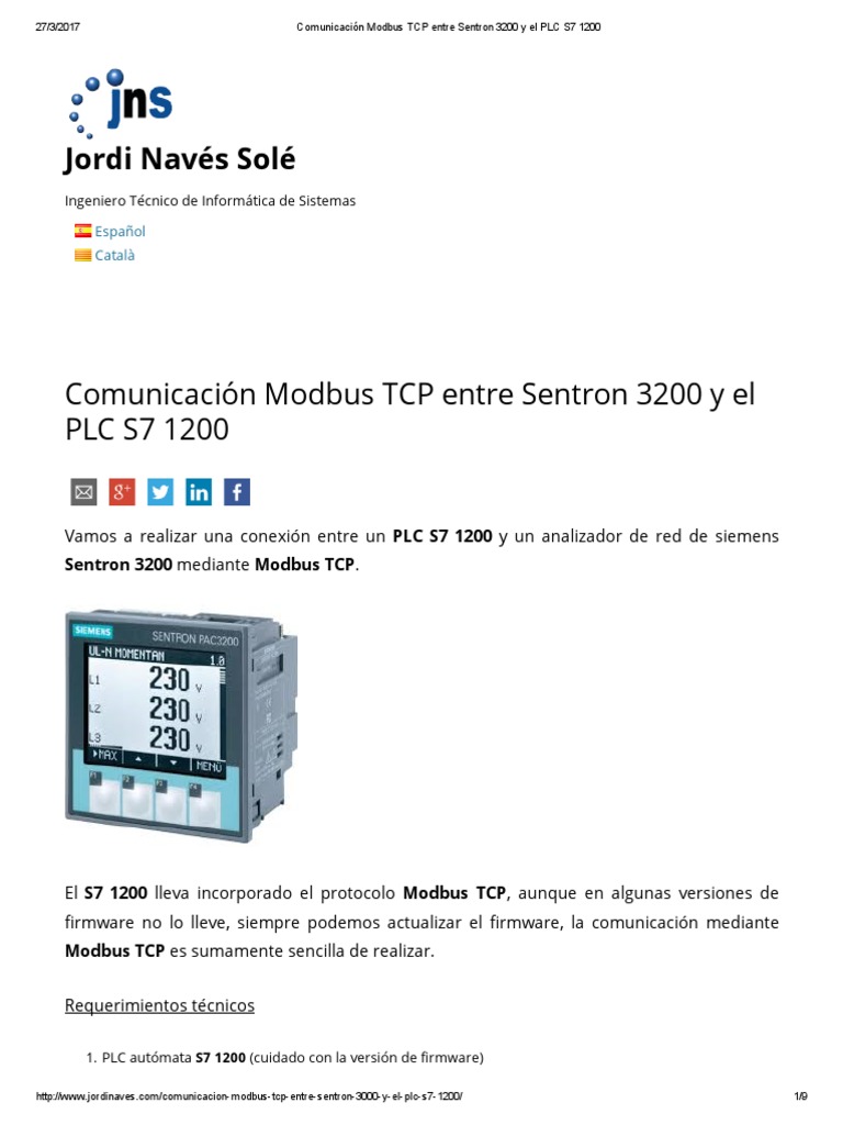 Comunicación Modbus TCP Entre Sentron 3200 y El PLC S7 1200 | PDF | Protocolo de Control de ...