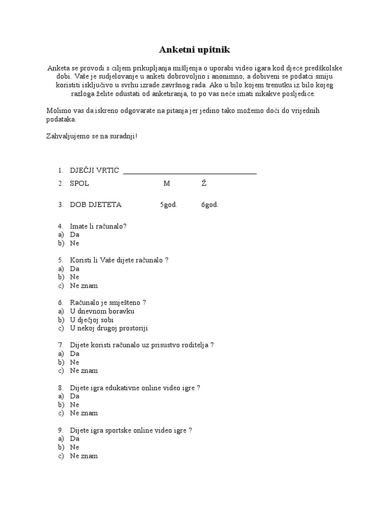 Anketa Za Roditelje Online Video Igre | PDF