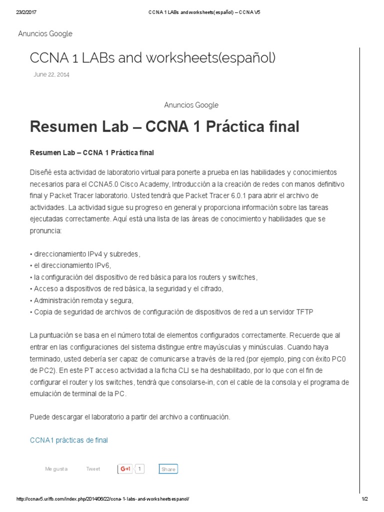 CCNA 1 LABs and Worksheets (Español) - CCNA V5 | PDF | Redes de ...
