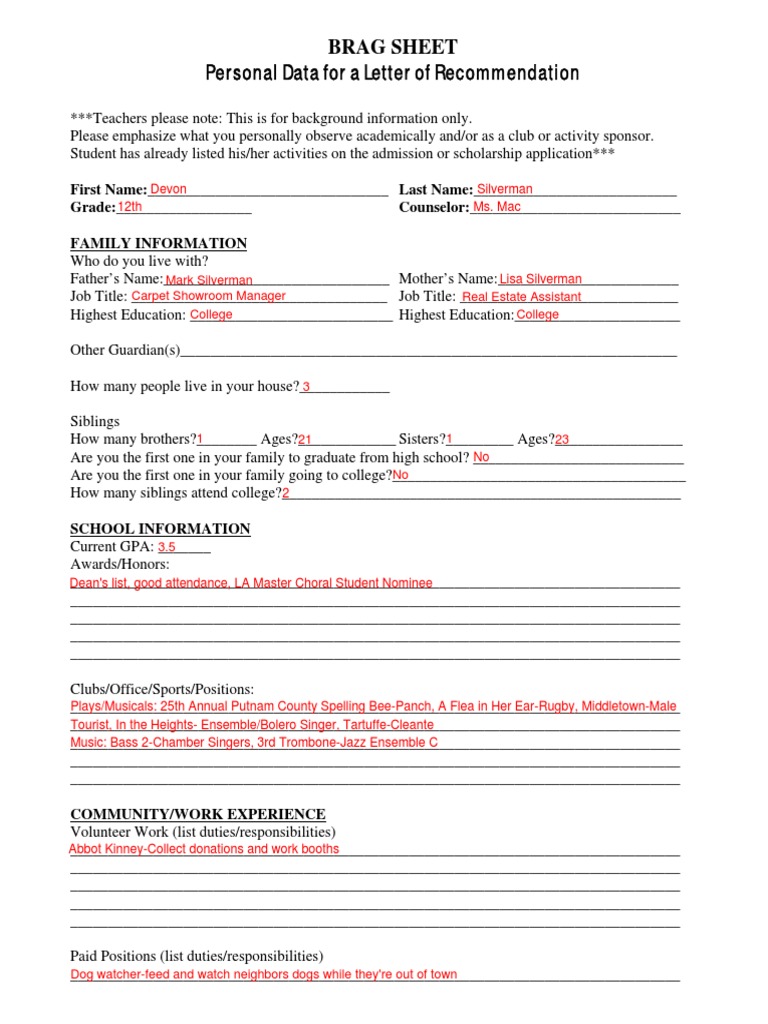 Personal Data For A Letter of Recommendation: Brag Sheet | PDF ...