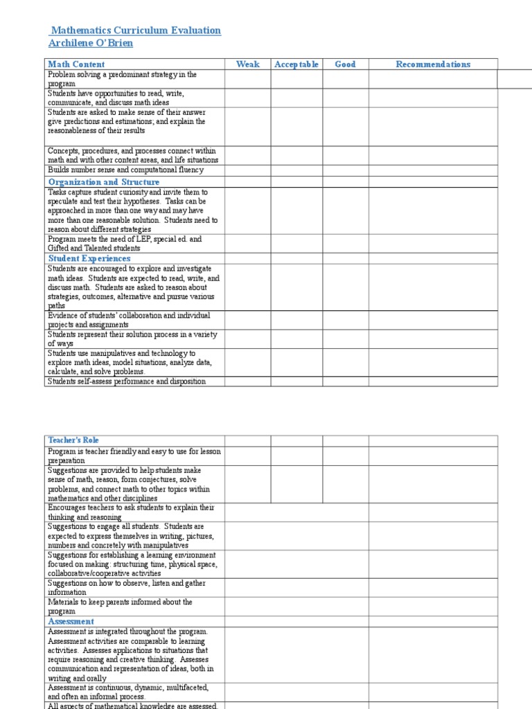 Final Curriculum Evaluation Document | PDF | Educational Assessment ...