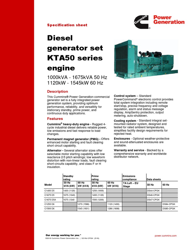Diesel Generator Set KTA50 Series Engine - Specification Sheet | PDF ...