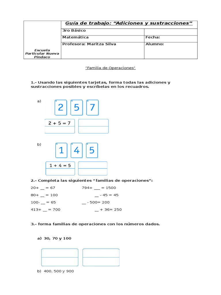 Familia de Operaciones Sumas y Restas | PDF | Métodos y materiales de ...
