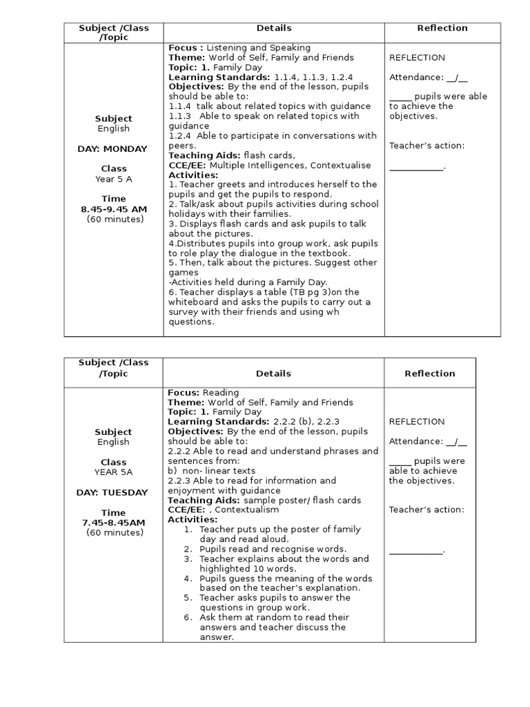 Y5 Lessonplans Unit 1 Family Day | PDF | Noun | Plural