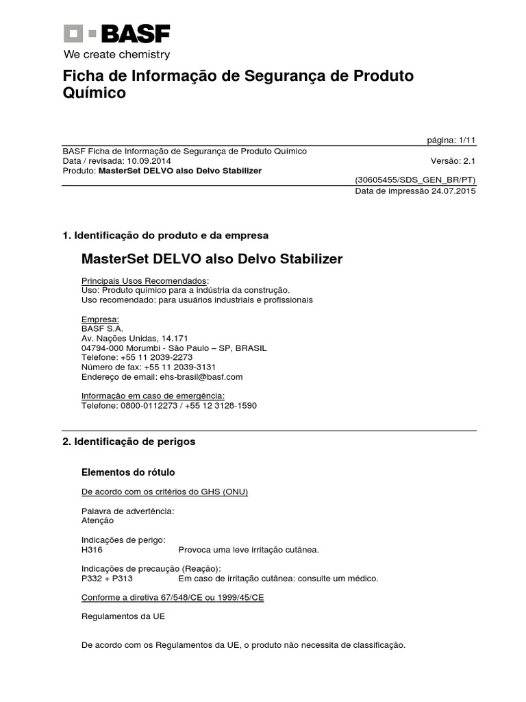 Ficha de Segurança MasterSet DELVO | PDF | Celsius | Água