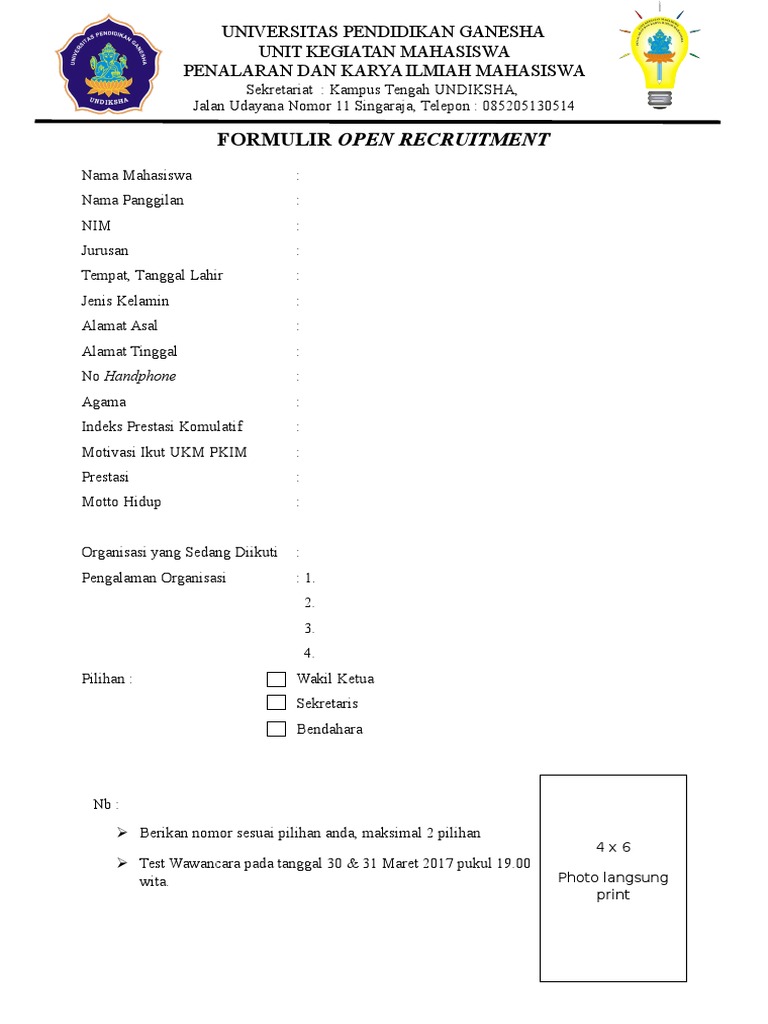 Formulir Rekrutmen UKM UNDIKSHA | PDF