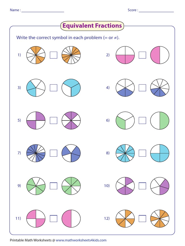 Equivalent Fractions: Write The Correct Symbol in Each Problem ( or ) | PDF