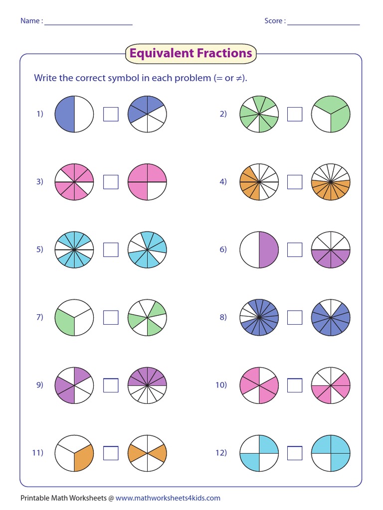 Equivalent Fractions: Write The Correct Symbol in Each Problem ( or ) | PDF
