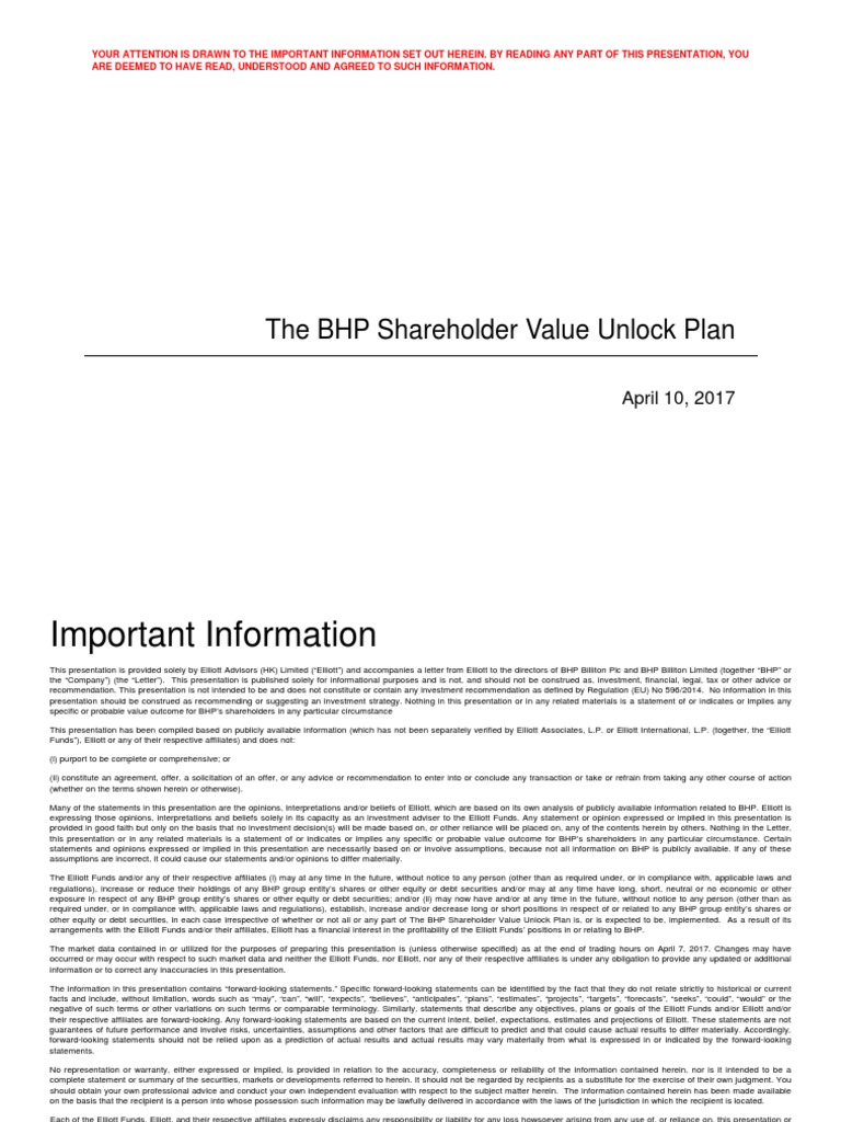 The BHP Shareholder Value Unlock Plan | PDF | Stocks | Share Repurchase