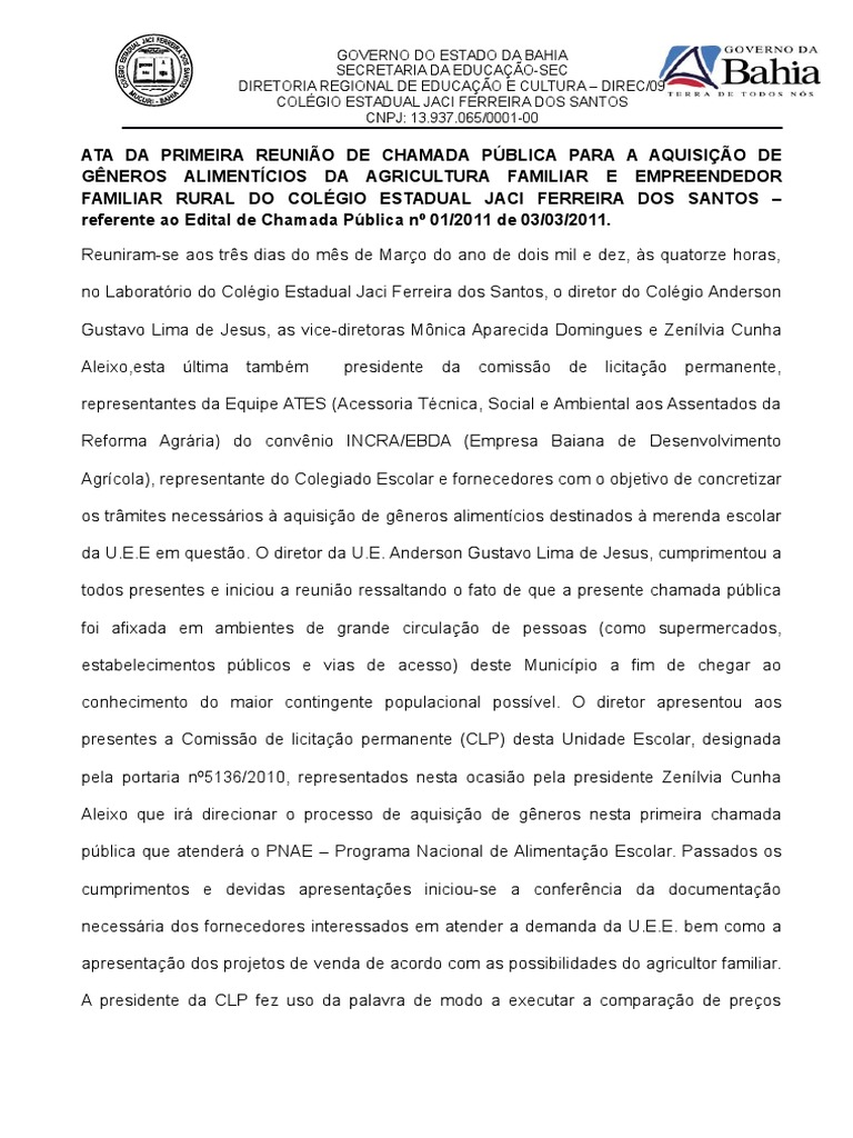 ATA Da Primeira Reunião de Chamada Pública | PDF | Agricultura | Alimentos