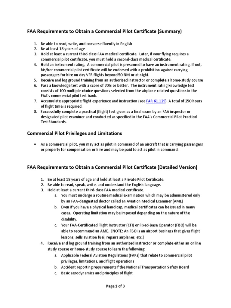 FAA Requirements To Obtain A Commercial Pilot Certificate | PDF ...