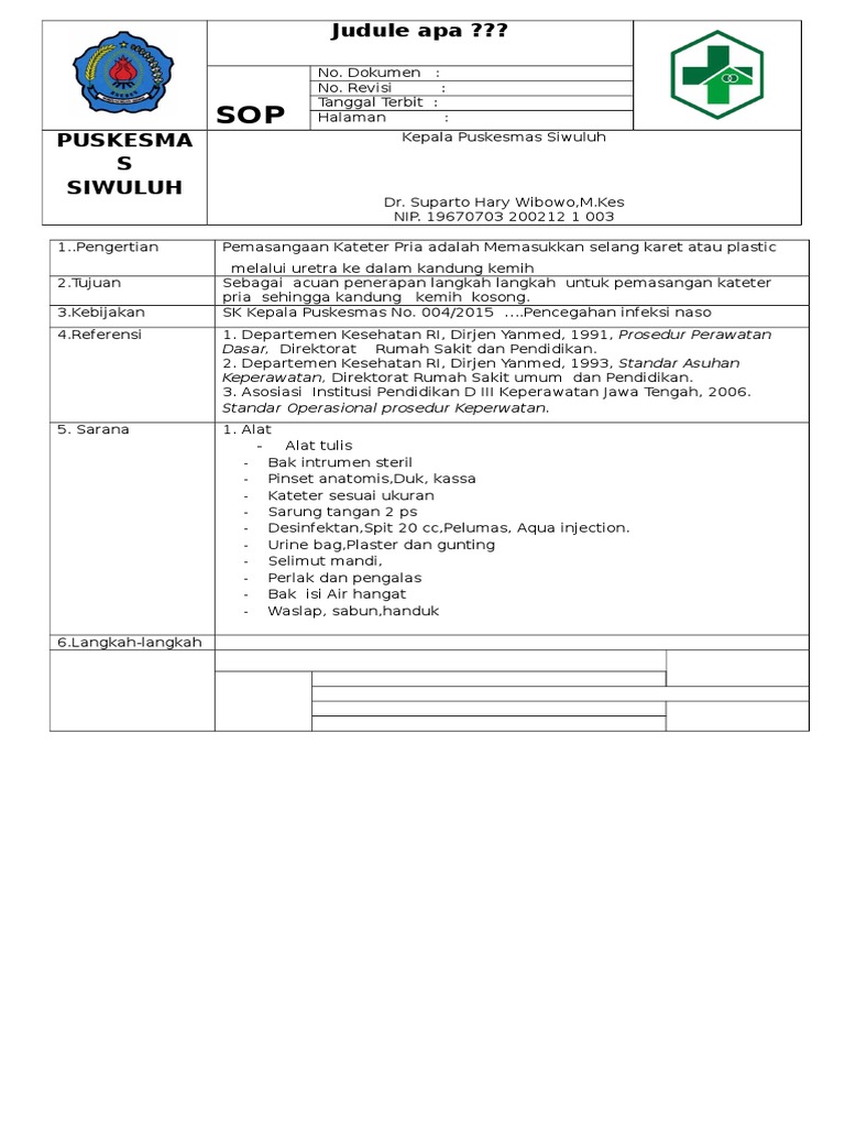 Sop Pemasangan Catheter Pria Form Akreditasi | PDF