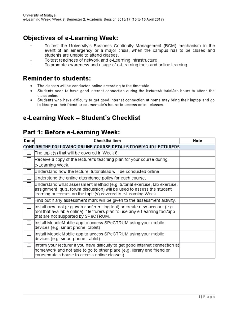 Student Checklist - Elearning Week 2017 | PDF | Educational Technology ...