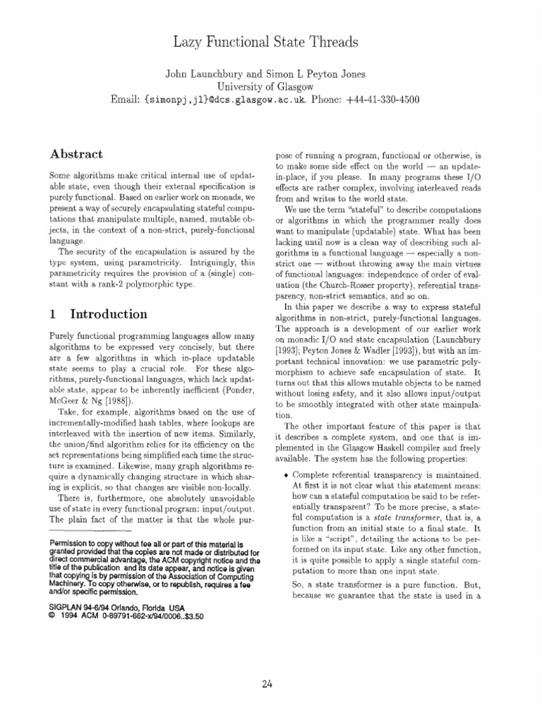 Lazy Functional State Threads | PDF | Functional Programming | Parameter (Computer Programming)
