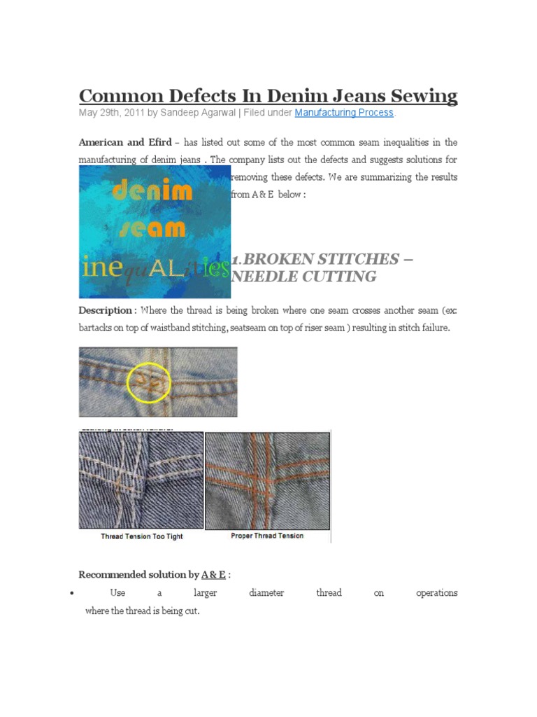 Common Defects in Denim Jeans Sewing | Download Free PDF | Seam (Sewing ...