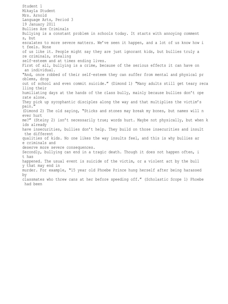 Persuasive Essay Bullying Sample | PDF | Bullying | Prejudice And ...