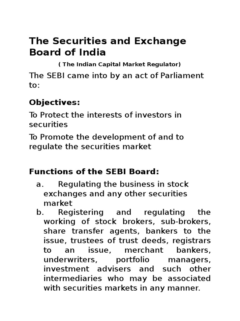 The Securities and Exchange Board of India: Objectives | PDF ...