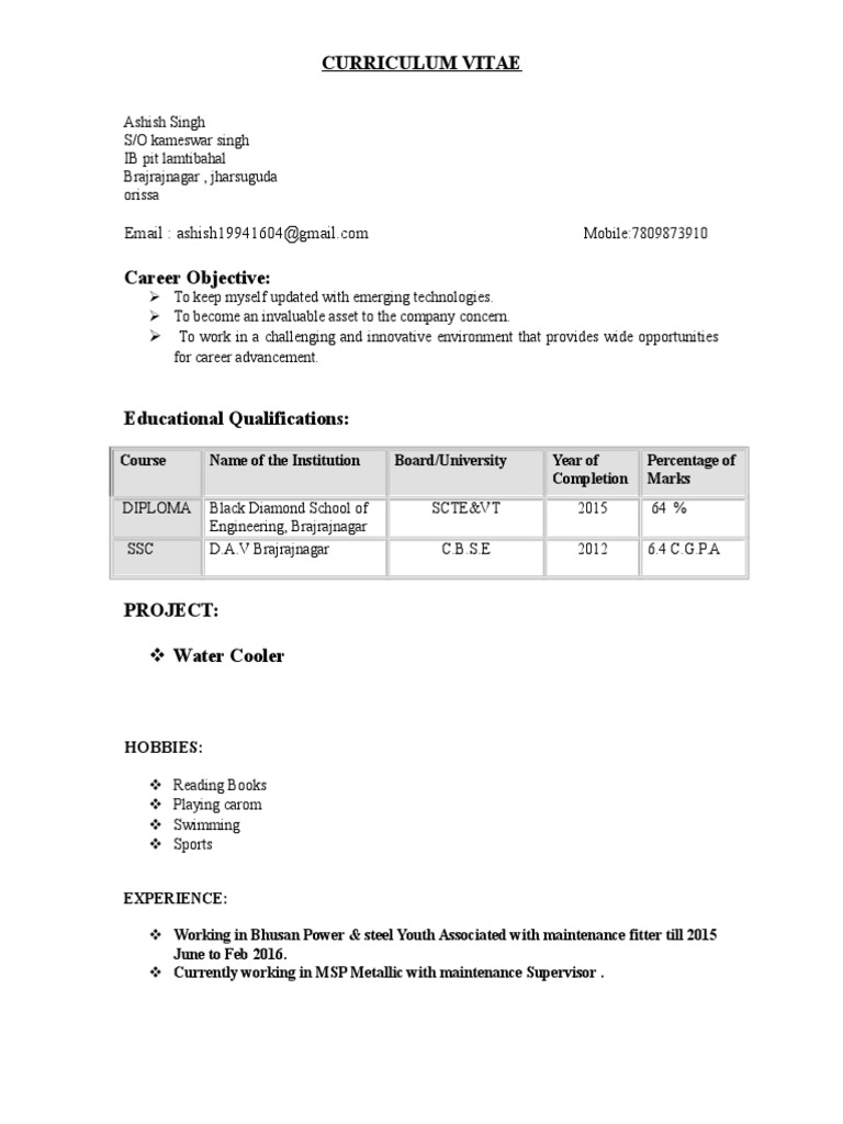 Ashish Singh CV: Maintenance Supervisor | PDF