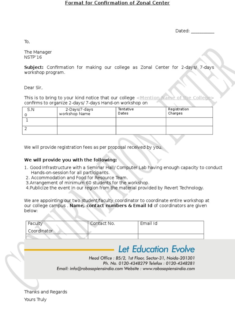 Confirmation Letter For Zonal Center | PDF