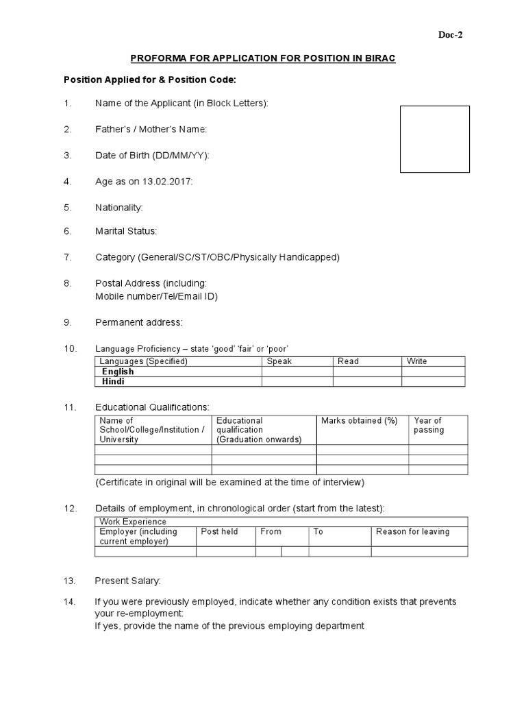 Doc-2 Proforma For Application For Position in Birac Position Applied ...