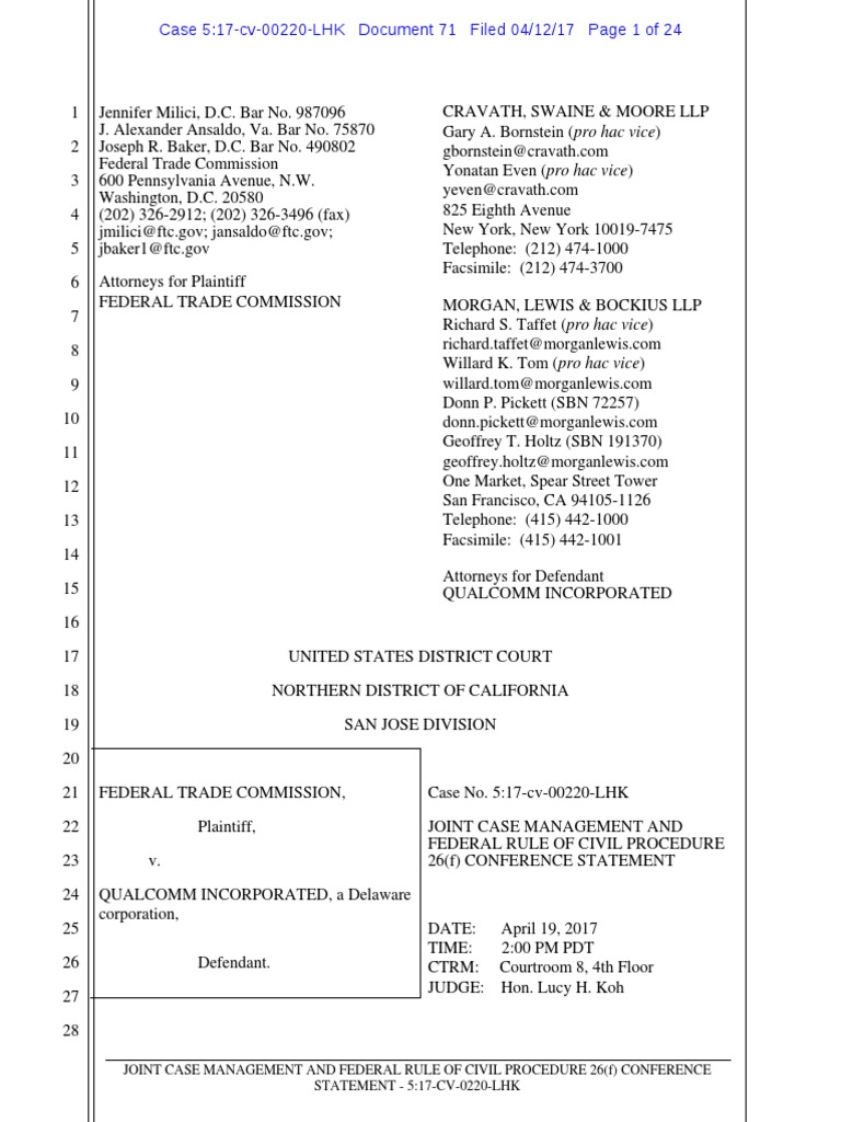 17-04-12 FTC-Qualcomm Joint Case Management Statement | Discovery (Law ...
