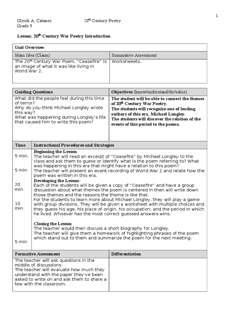 20th Century War Poetry Lesson Plan | PDF | Educational Assessment ...