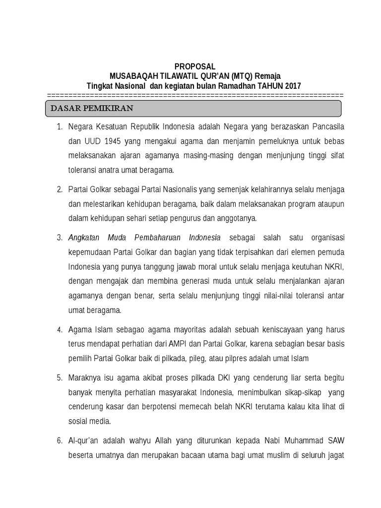 Proposal MTQ Remaja DPP AMPI 2017 | PDF