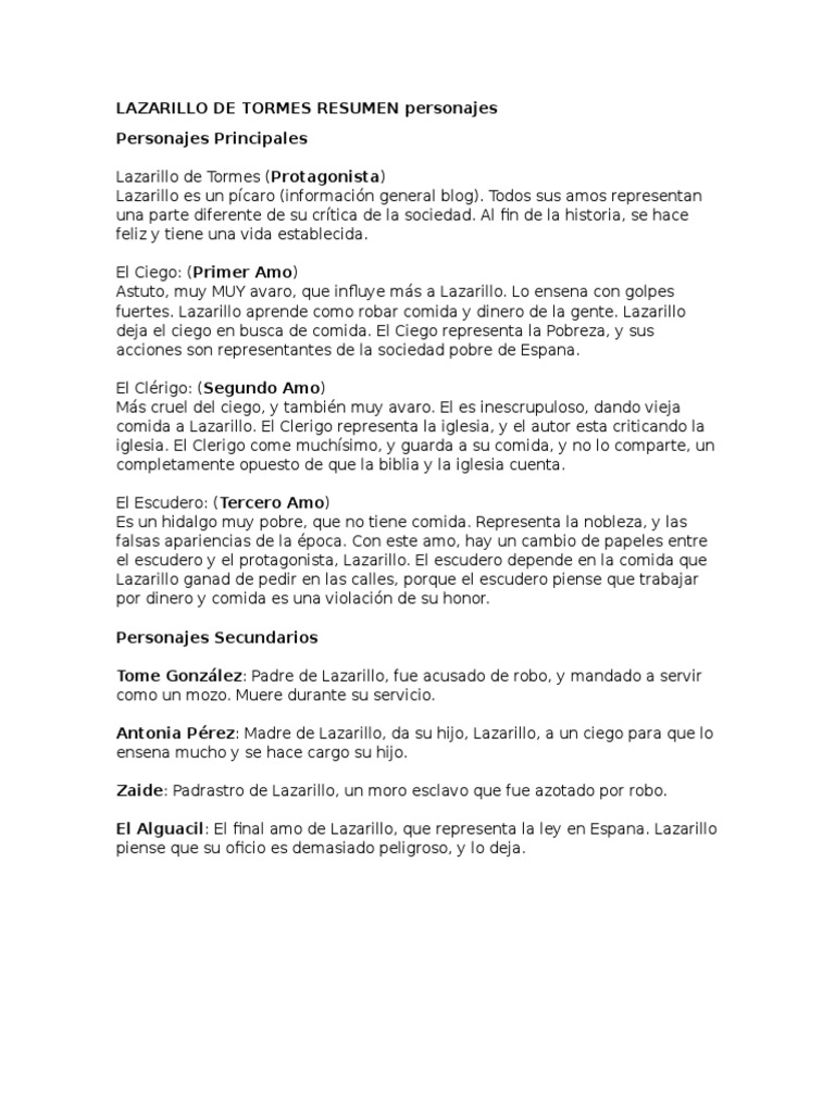 Personajes Clave en Lazarillo de Tormes | PDF | Clásicos