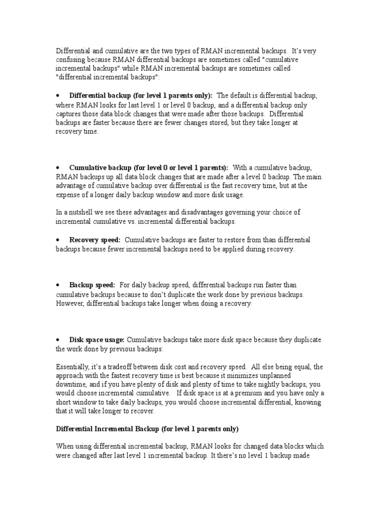 Differential and Cumulative Are The Two Types of RMAN Incremental ...