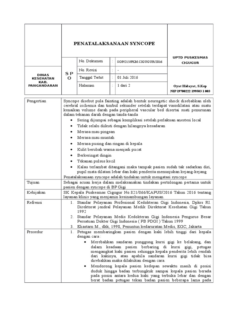 Sop Penatalaksanaan Syncope | PDF