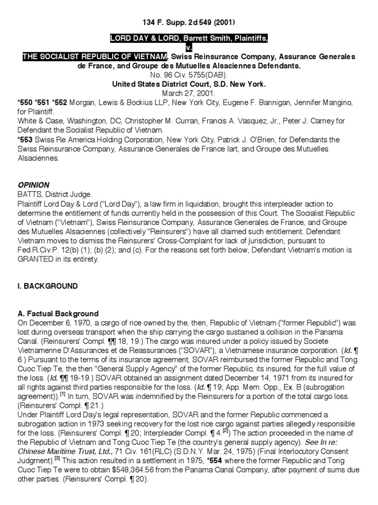 Lord Day & Lord, Barrett Smith, Plaintiffs, V. The Socialist Republic ...