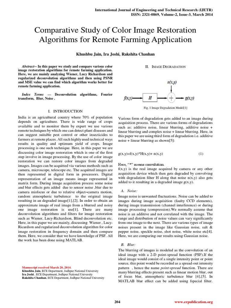 Comparative Study of Color Image Restoration Algorithms For Remote Farming Application | PDF ...