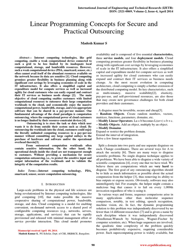 Linear Programming Concepts For Secure and Practical Outsourcing | PDF | Cloud Computing ...