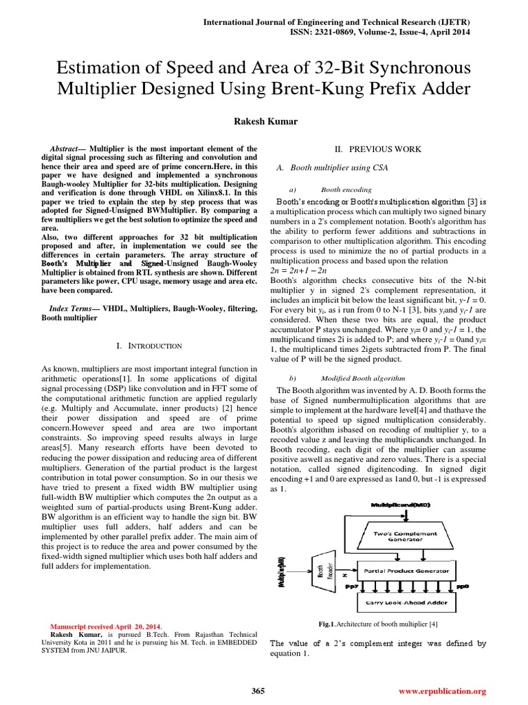 Estimation of Speed and Area of 32-Bit Synchronous Multiplier Designed ...