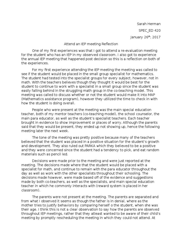IEP Meeting Reflection and Insights | PDF | Individualized Education ...