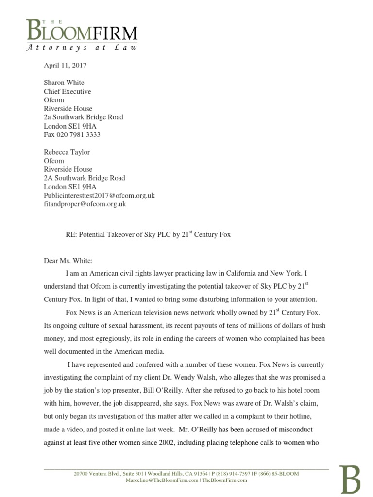 Lisa Bloom Letter To Ofcom | PDF | Misconduct | Abusive Behaviour