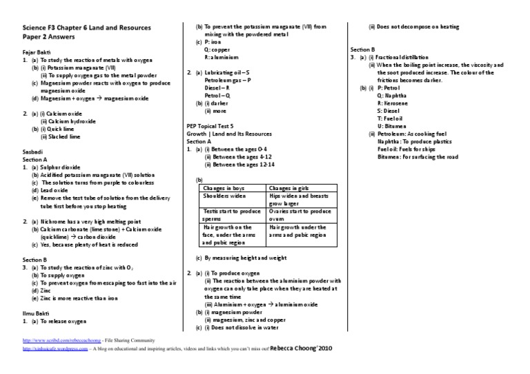 Science F3 Chapter 6 Land and Resources-Paper 2 Answer | PDF | Oxide ...