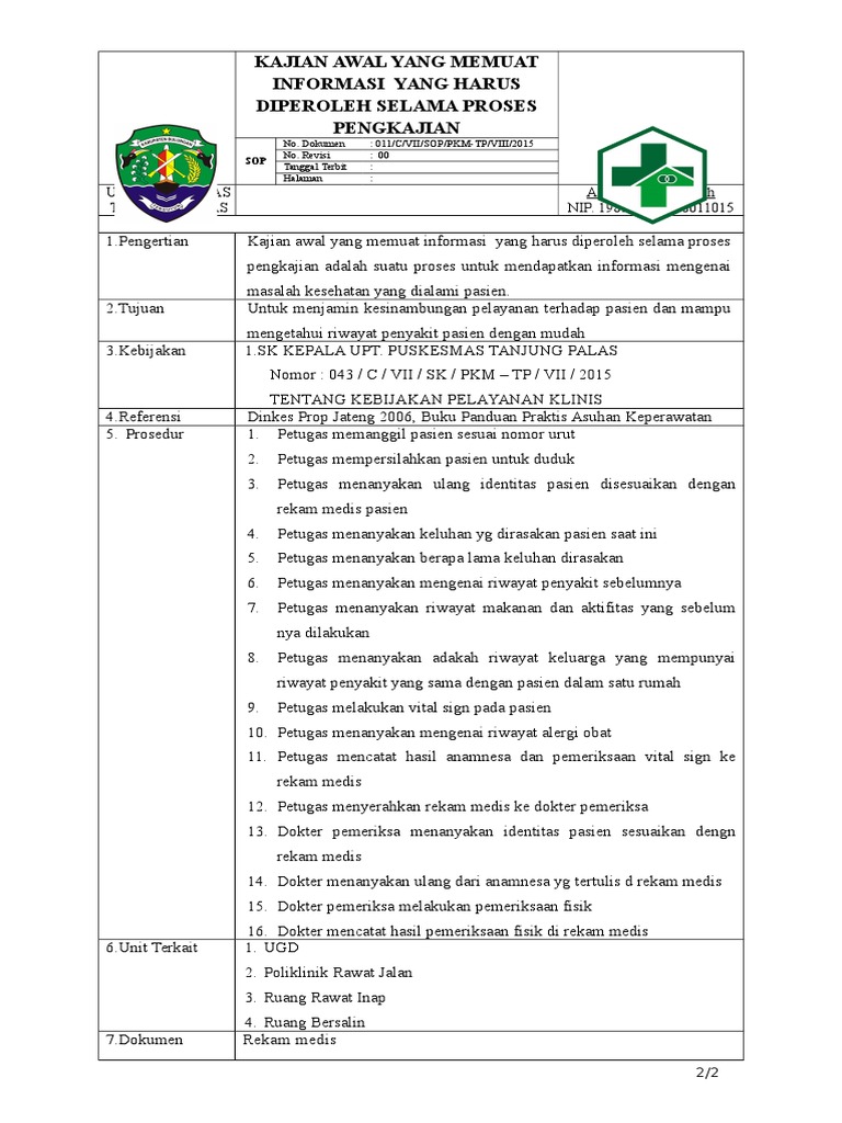 Sop Kajian Awal Yang Memuat Informasi Yang Harus Diperoleh Selama Proses Pengkajian 2016 | PDF ...