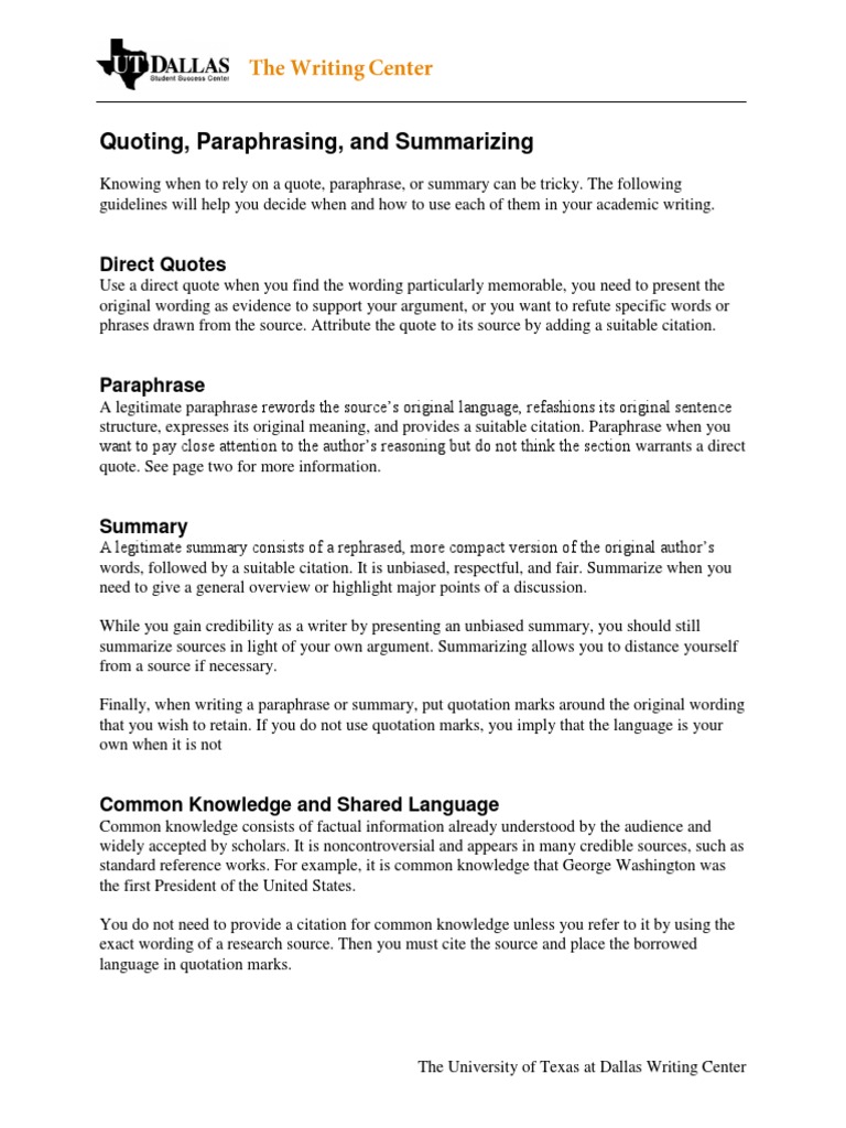 Quoting Paraphrasing Summarizing | PDF | Citation | Plagiarism