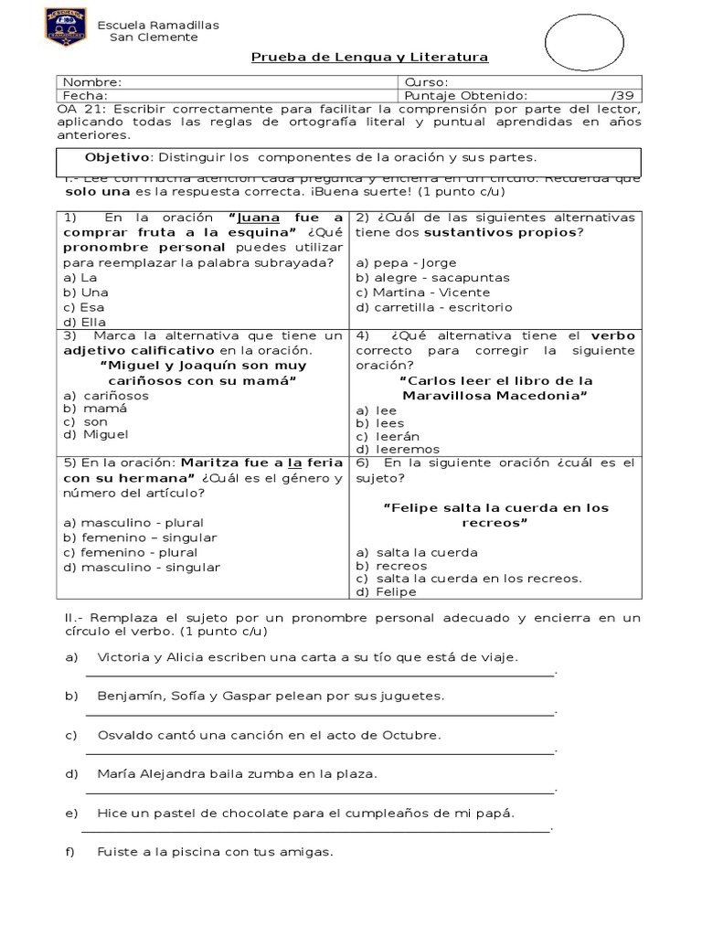 Prueba de Gramática 1 | PDF | Sustantivo | Asunto (gramática)