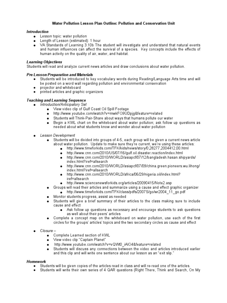 Grade 3 Water Pollution Lesson Plan | PDF | Pollution | Lesson Plan